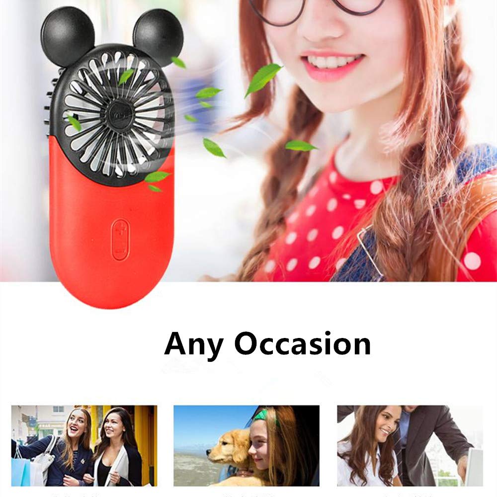 DECVO Cute Personal Mini Fan, Handheld & Portable USB Rechargeable Fan with Beautiful LED Light, 3 Adjustable Speeds, Portable Holder, for Indoor Or Outdoor Activities, Cute Mouse 2 Pack (Red+Pink)