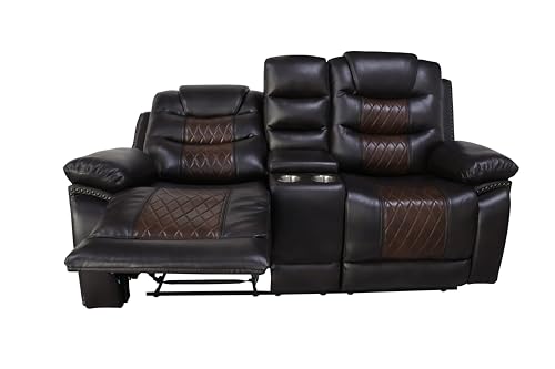 New Classic Furniture Nikko Faux Leather Manual Console Loveseat with Dual Recliners, Brown