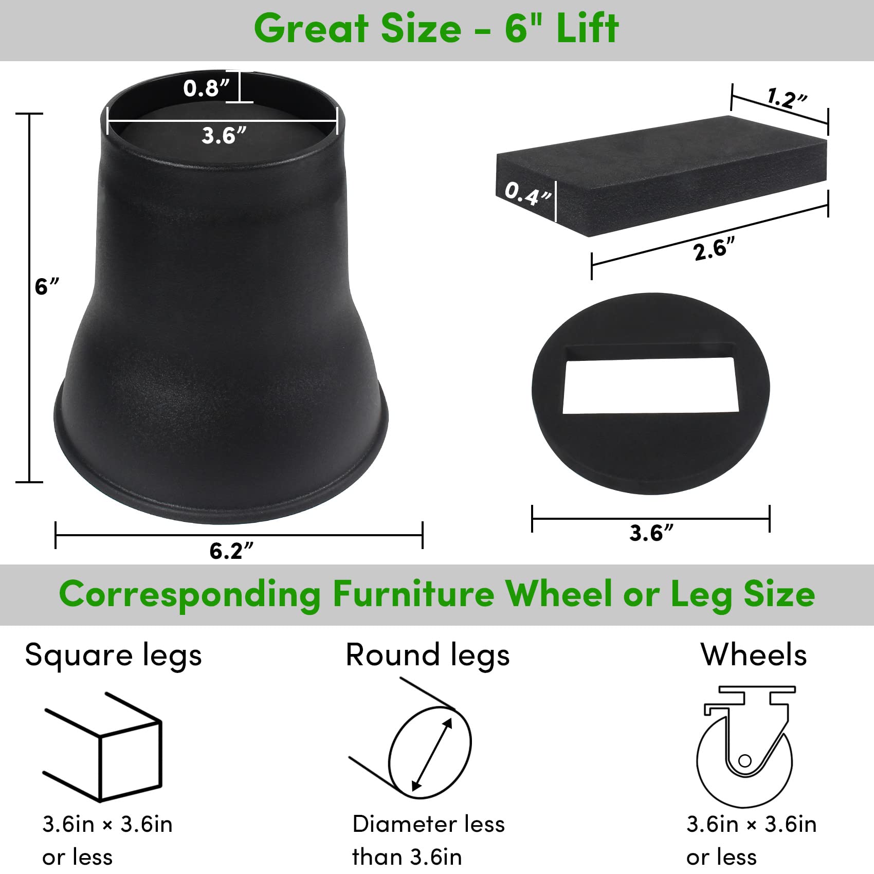 DEDU Bed Risers 6 Inch Heavy Duty 6 Pack, Furniture Risers with Caster Pads Supports Up to 6600 Lbs, Round Couch Risers for Sofas, Desk (Black)