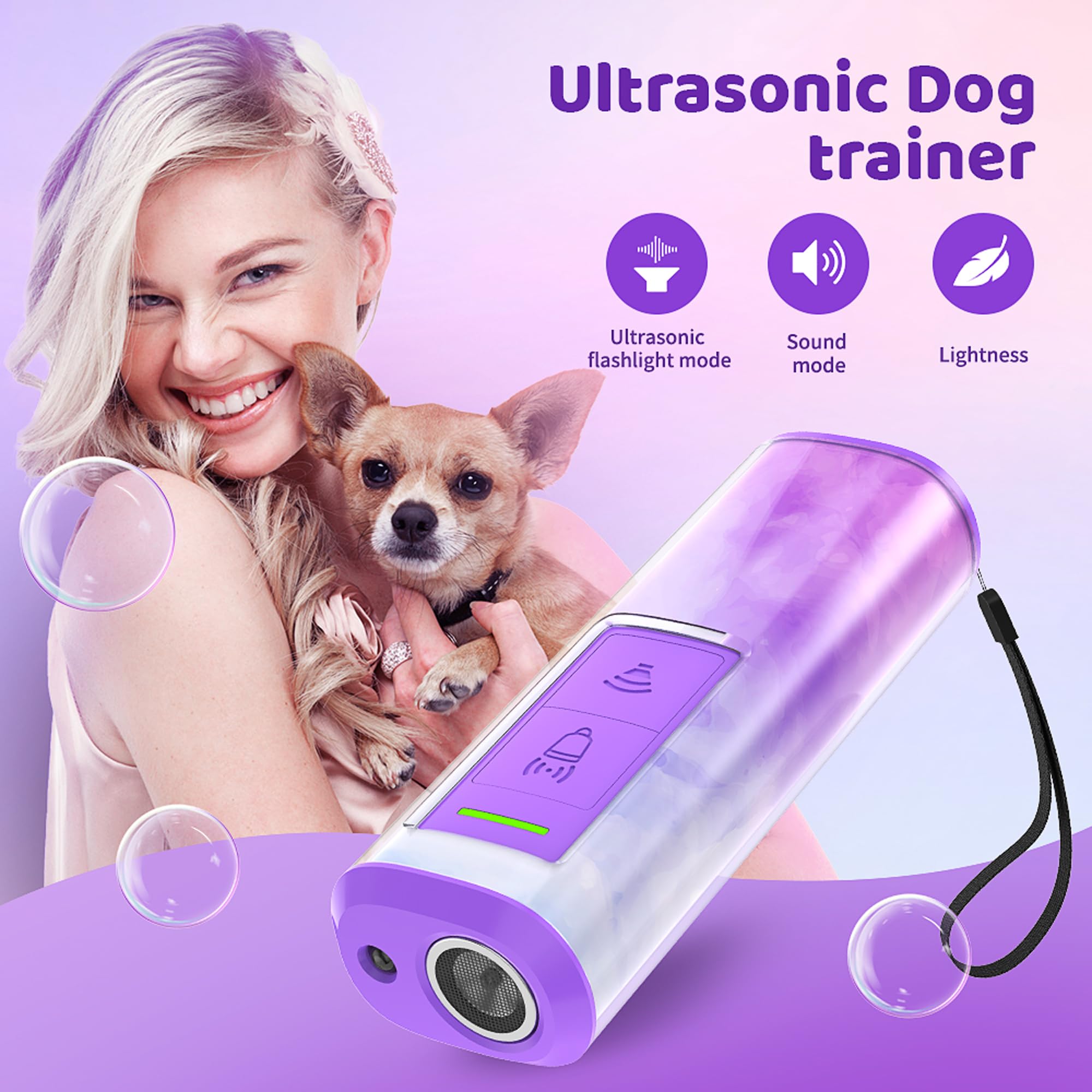 LILEEE Dog Bark Deterrent Devices, Ultrasonic Anti Barking Device for Dog, Effective Control Range up to 23 Ft, Dog Training Device Indoor&Outdoor with LED Flashlight (White Purple)