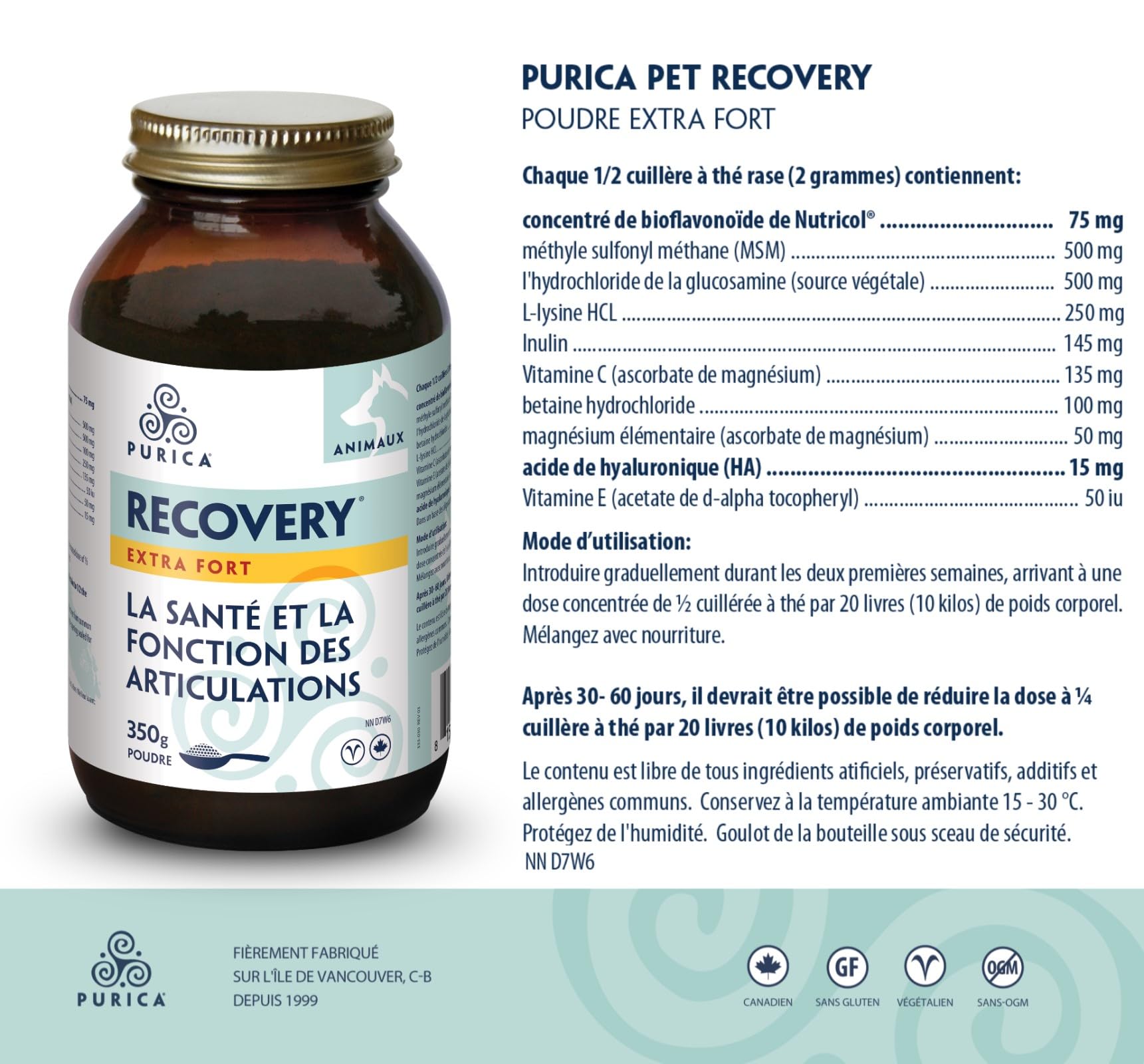 PURICA Recovery SA Powder 350g - Advanced Support for Joints, Comfort & Mobility in Dogs & Cats - Natural & Safe Supplement