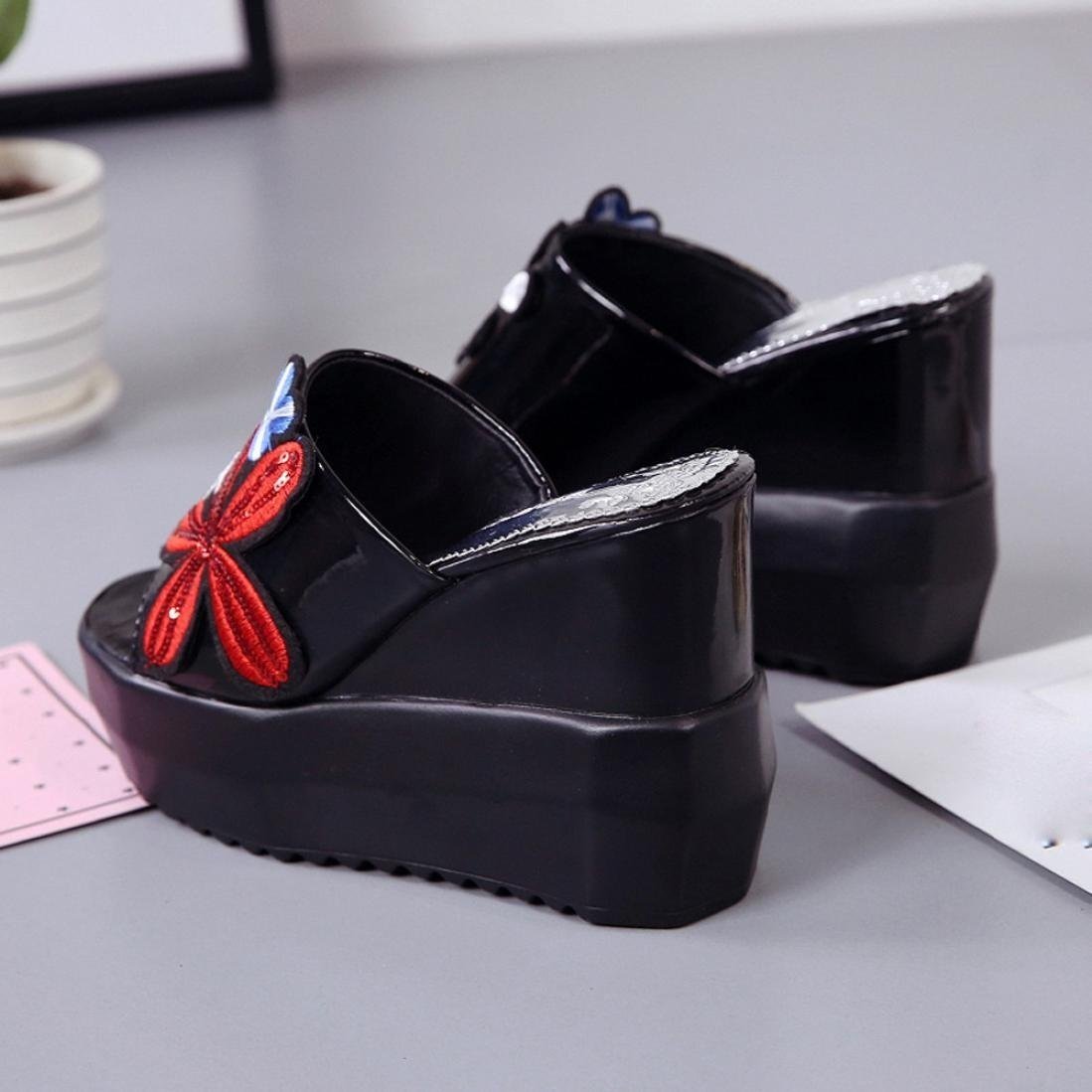 WensLTD Women's Thick-Bottom Sloped Slippers Embroidered High-Heeled Wedges Platform Shoes (6.5, Black)