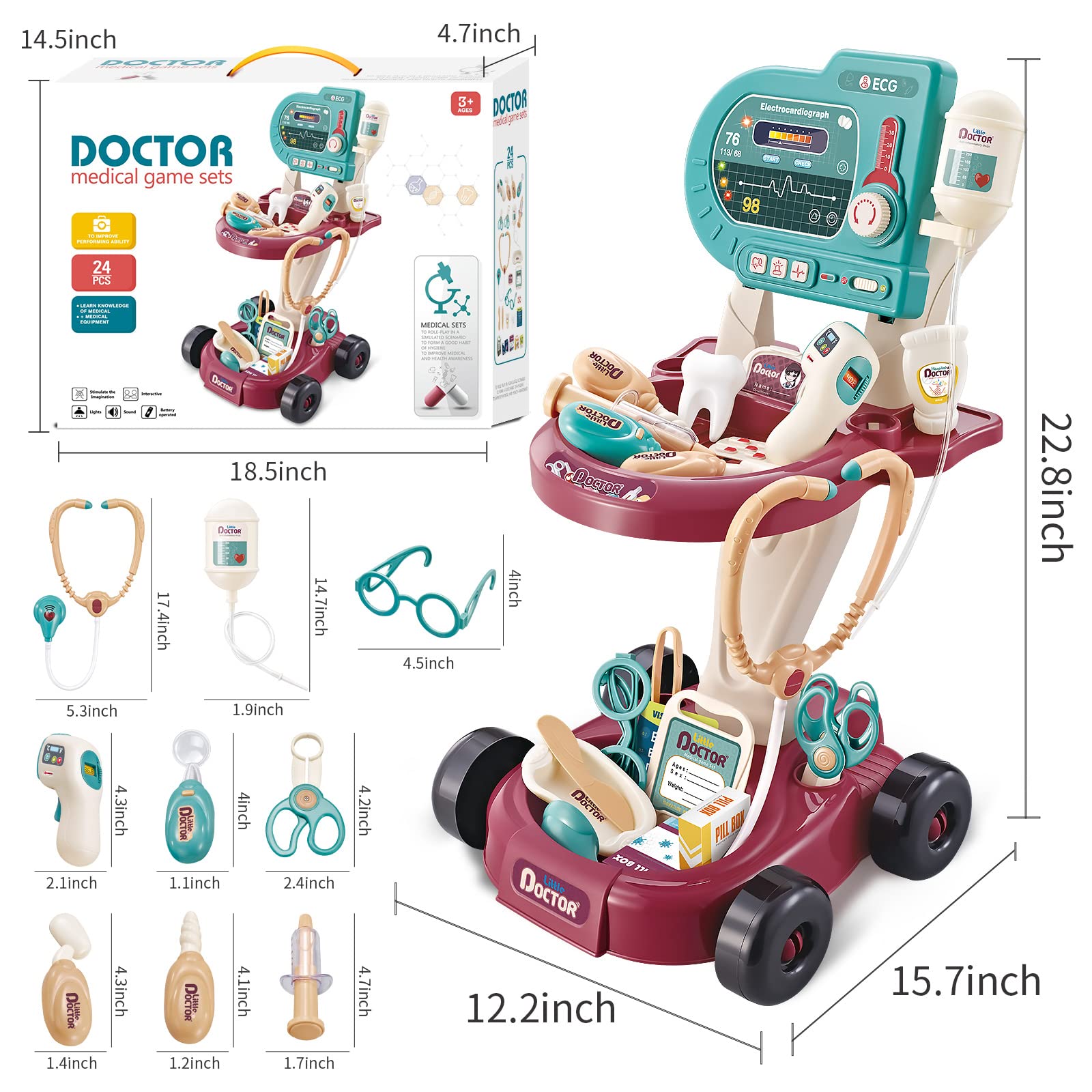 Deejoy Toy Doctor Kit for Kids,Doctor Role Play Costume,Medical Bag,Eye Chart,Thermometer,Stethoscope,Pulse Machine,24 Piece Pretend Medical Station Set for Boys & Girls ,Great Gift for Toddler