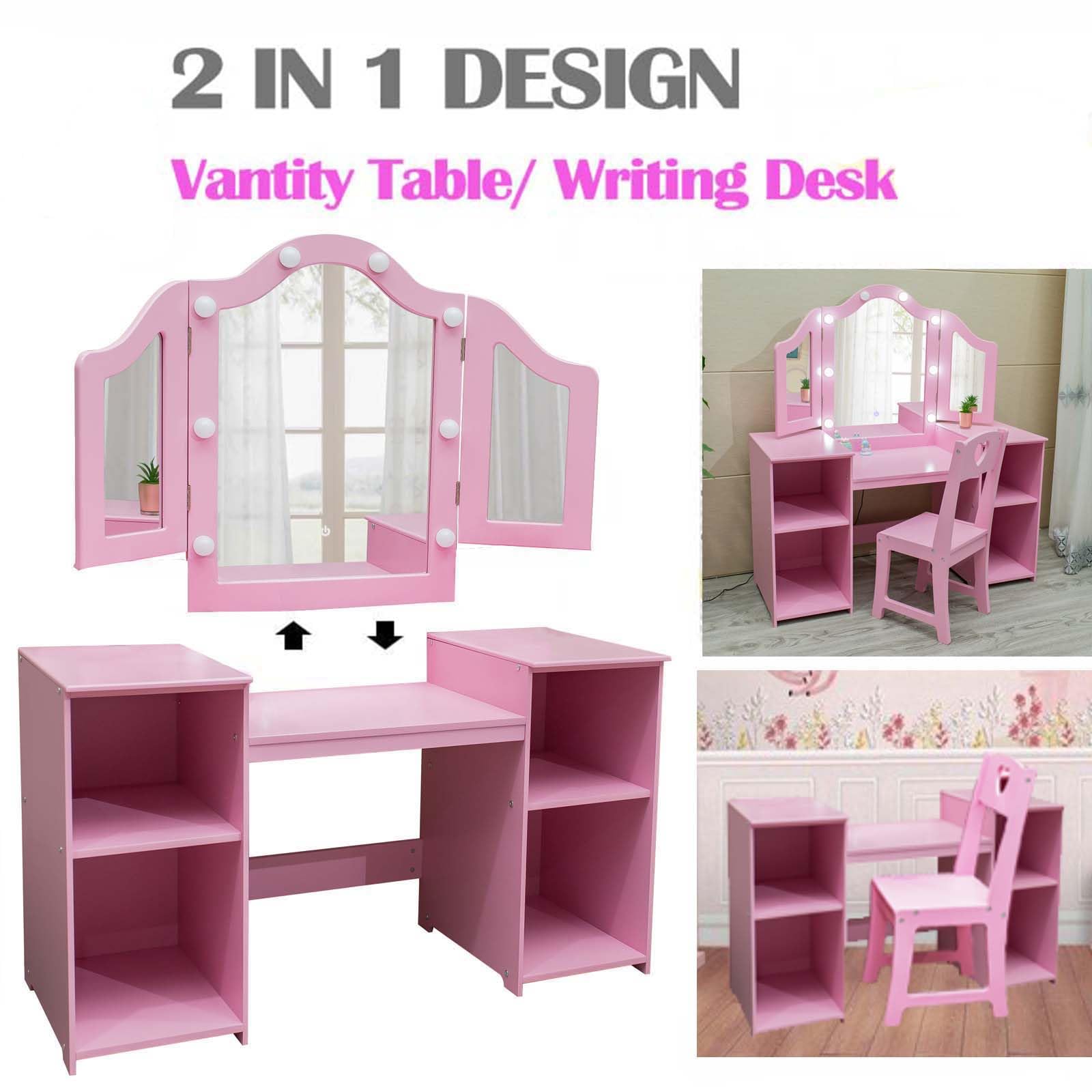 Kids Vanity Table, Girls Vanity Withtouch Light Detachable Tri-Folding Mirror, Open Storage Shelves, Wood Makeup Playset with Chair, Princess Vanity Table for Toddlers