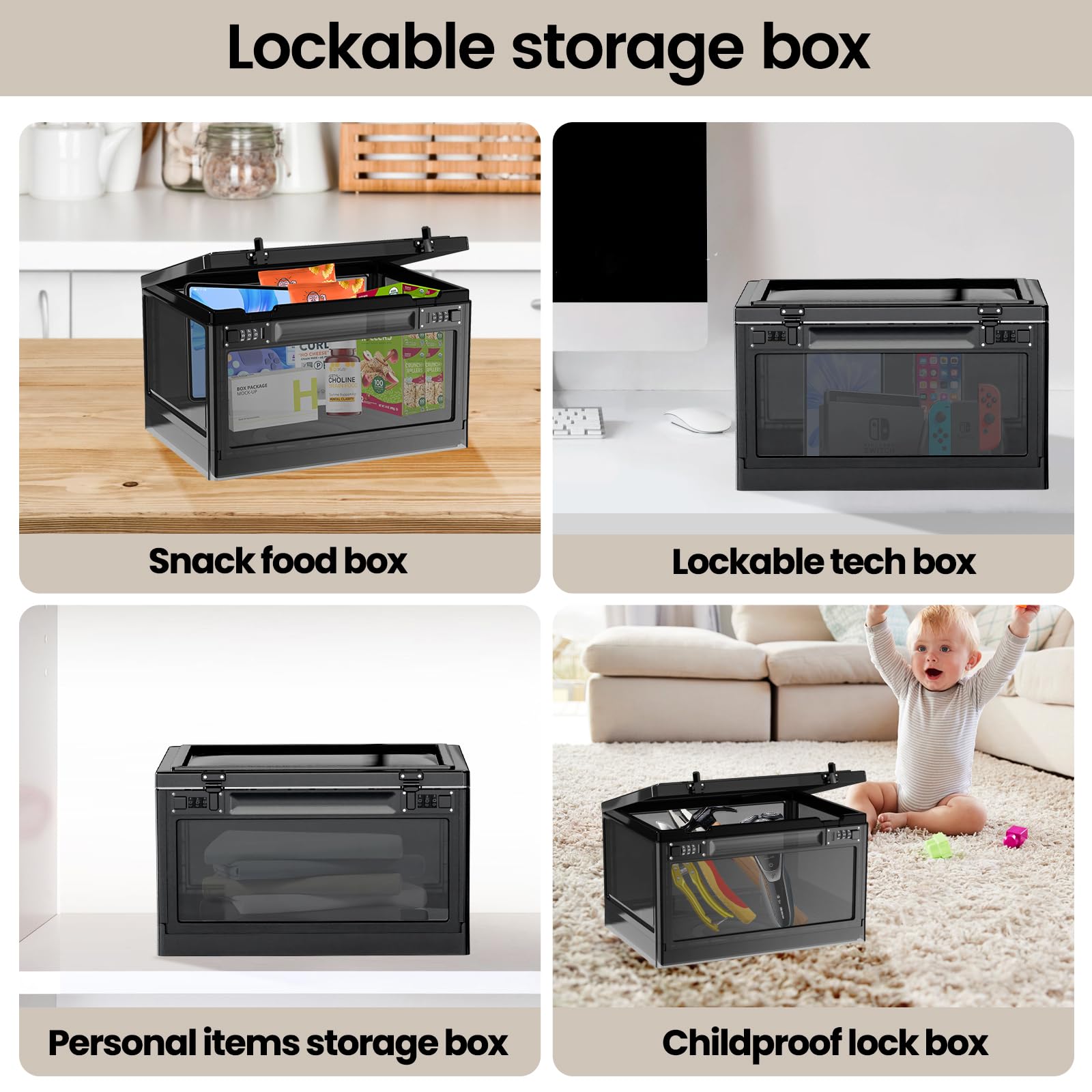Large Lock Box,Lockable Storage Box with Combination Code 15.3x11x8.6in Stackable Medicine Lock Box for Safe Medication,Storage Box with Lock for Phone/Snacks/Personal Items/Fridge/Office