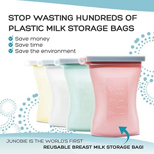 JUNOBIE Bag 4-Pack (Pink, Mint, Gray) | Reusable Breastmilk Storage Bags (As Seen on Shark Tank) | Milk Storage Container