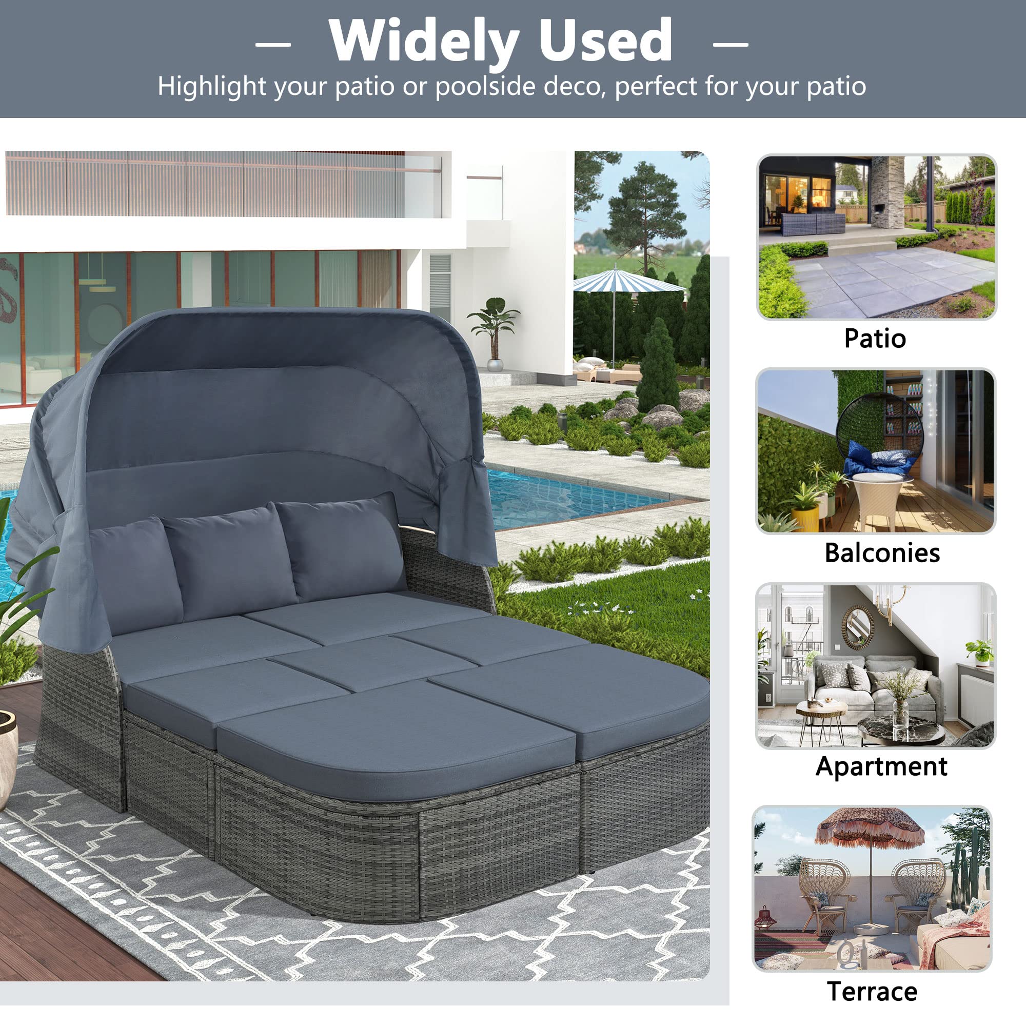 Merax Outdoor Patio Rattan Daybed Sunbed with Retractable Canopy, Sectional Conversation Sofa Set for Backyard and Porch, Grey