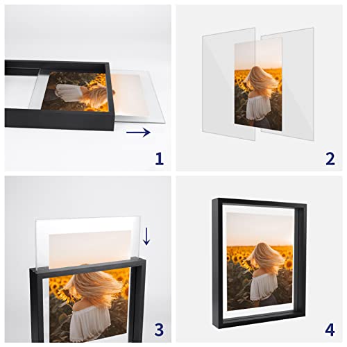 WIFTREY Black 8x10 Floating Picture Frame 2 Pack, Double Glass Distressed Floating Photo Frame for Tabletop or Wall Mount, Displays Photo up to 10x12