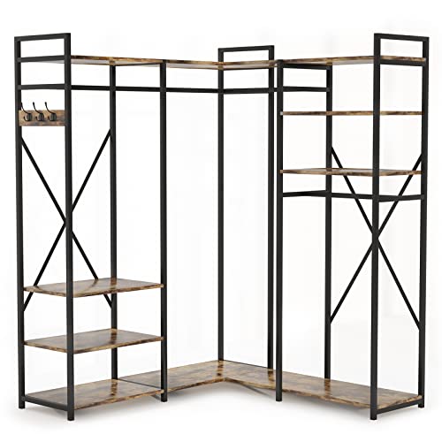 PAKASEPT L Shaped Garment Rack, L Shaped Closet Organizer, Freestanding Corner Clothes Garment Rack with 4 Hanging Rods and Open Shelves Heavy Duty Metal Clothing Rack for Bedroom