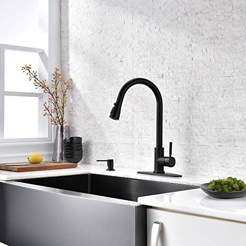 Hovheir Matte Black Kitchen Faucet with Soap Dispenser, Single Handle Pull Down Kitchen Faucet, High Arch Single Handle Stainless Steel Pull Out Sprayer Kitchen Sink Faucet