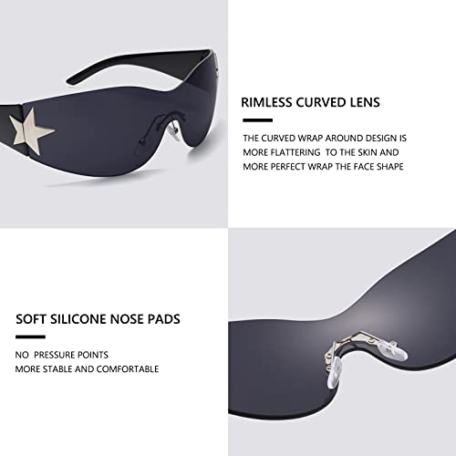 LIKSMU Rimless Y2K Sunglasses for Women Men Wrap Around Fashion Sunglasses Oversized Frameless 2000s Trendy Sun Glasses Black Lens and Black Frame