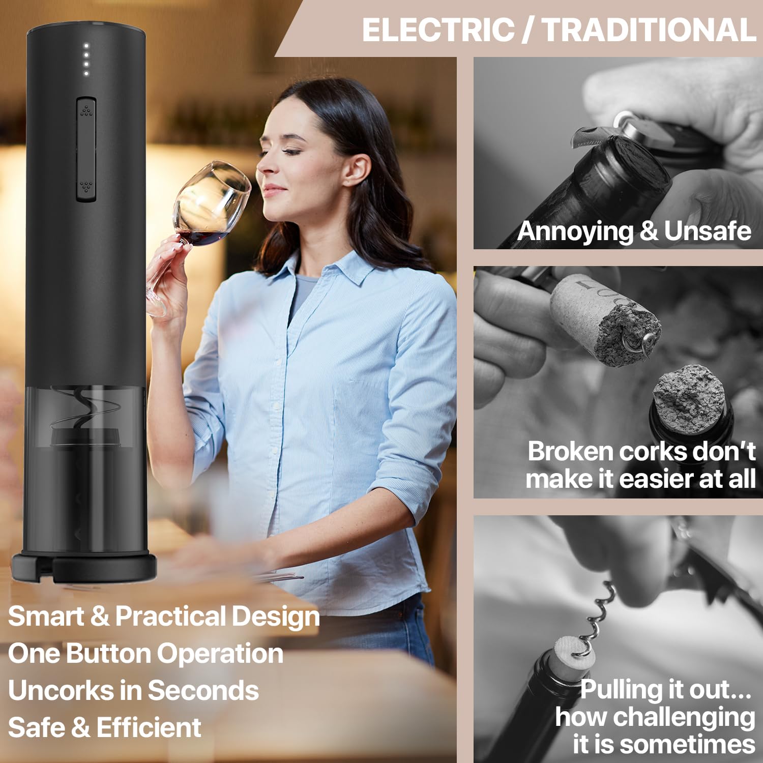 HotFrost Electric Wine Opener – Wine Bottle Opener Kit with Foil Cutter, Wine Aerator, Vacuum Stopper – Rechargeable Corkscrew Wine Opener – Cordless Automatic Wine Opener – Birthday Wine Gift Set