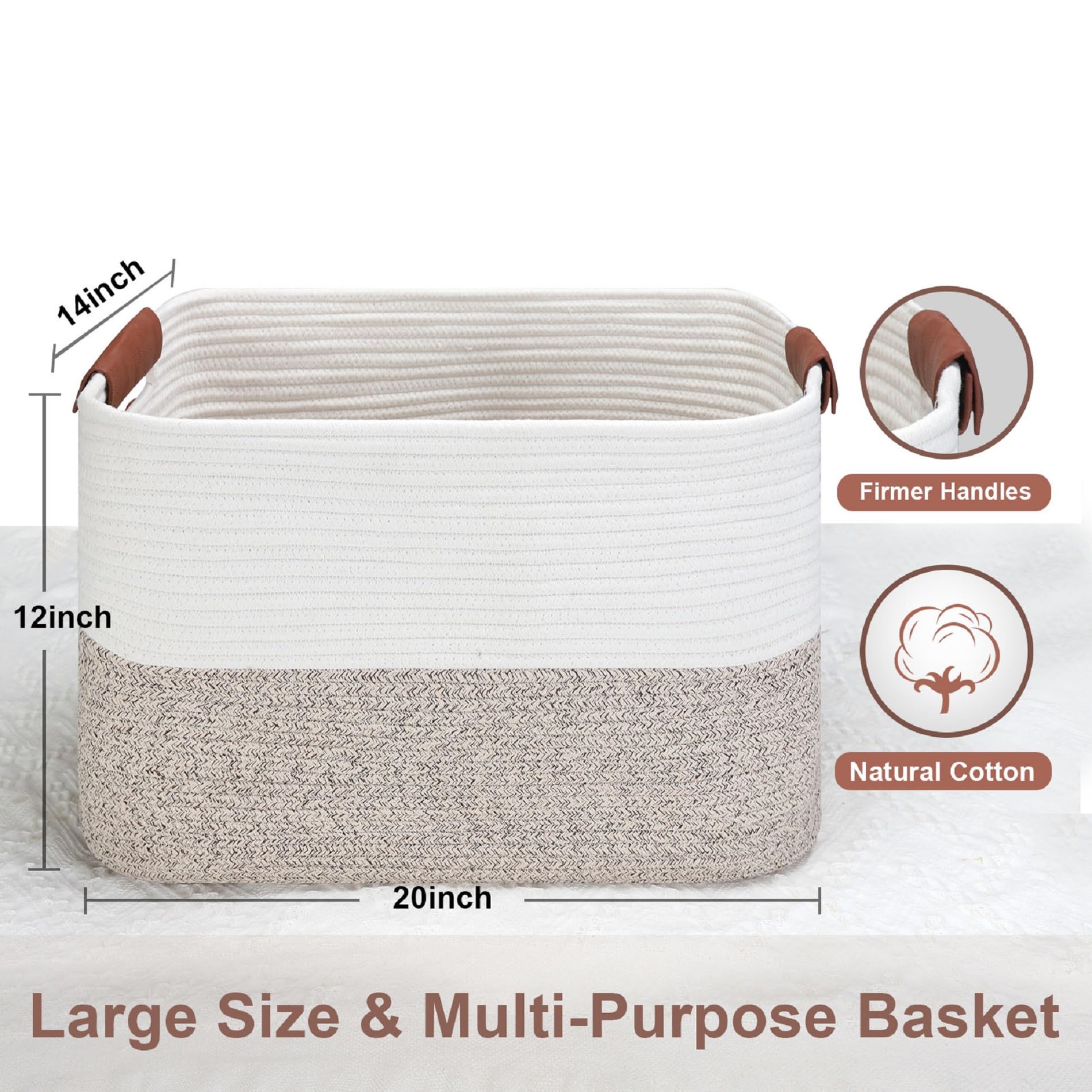 Large Storage Basket with Handles,20 "L x 14" W x 12 "H, Laundry Hamper Basket, Blanket Basket,Toy Storage Basket,Extra large cotton rope basket(Large Brown)