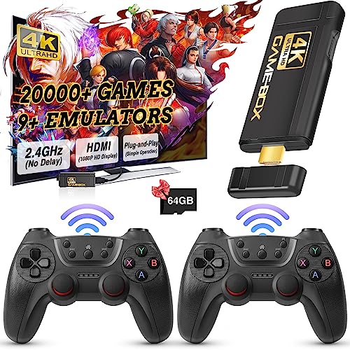 Wireless Retro Game Console, Equipped with 64G TF Card Plug and Play, Nostalgia Game Stick 4K 20000+ Games Built-in, 9 Classic Emulators, with Dual 2.4G Upgraded Wireless Controllers, Black
