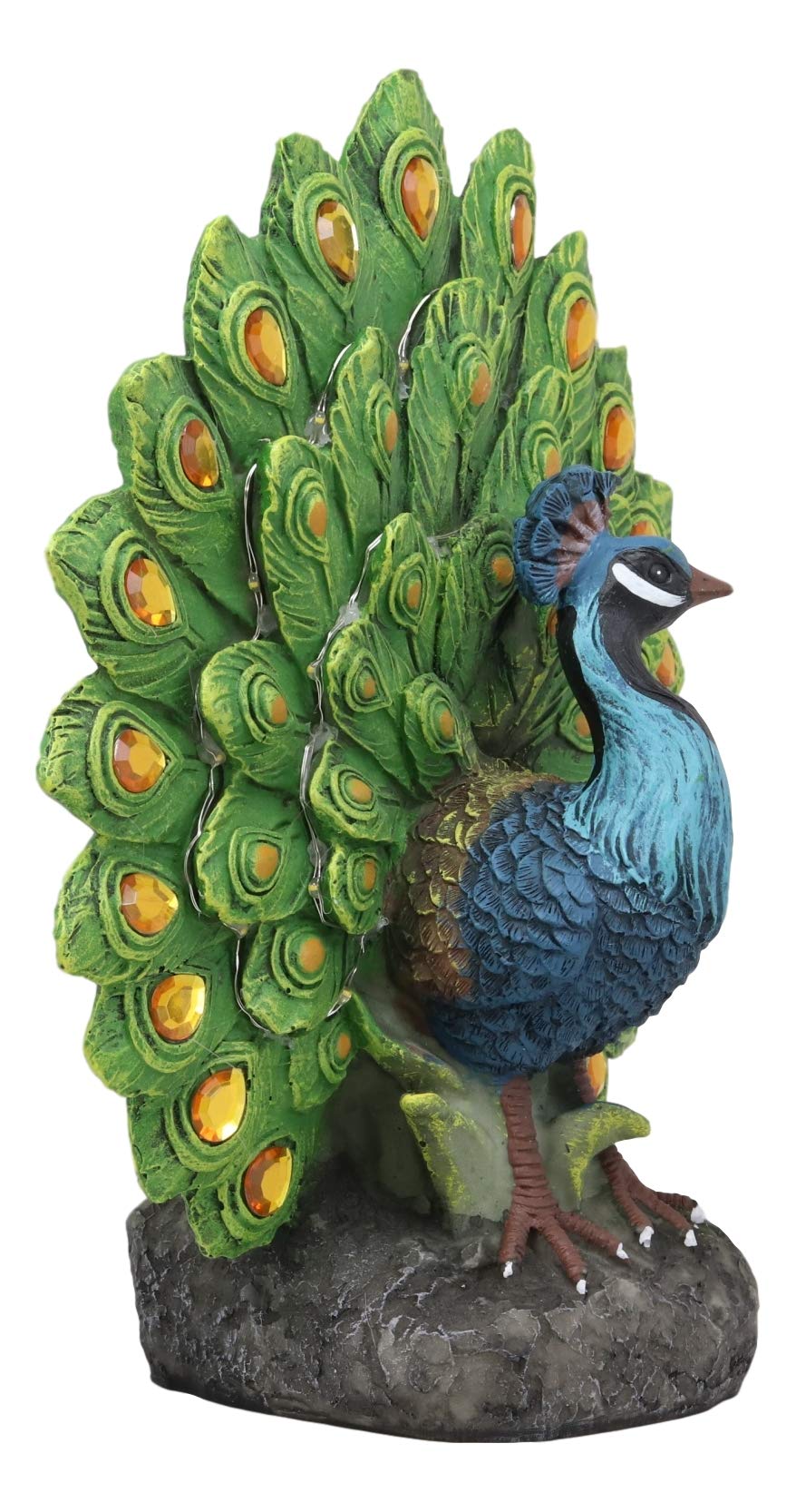 Ebros Decorative Iridescent Peacock With Beautiful Gold Gemstone Open Train Feathers Solar LED Night Light Statue 11.25" High Path Lighter Indoor Outdoor Shelf Tabletop Home Decor Wild Birds of Flight