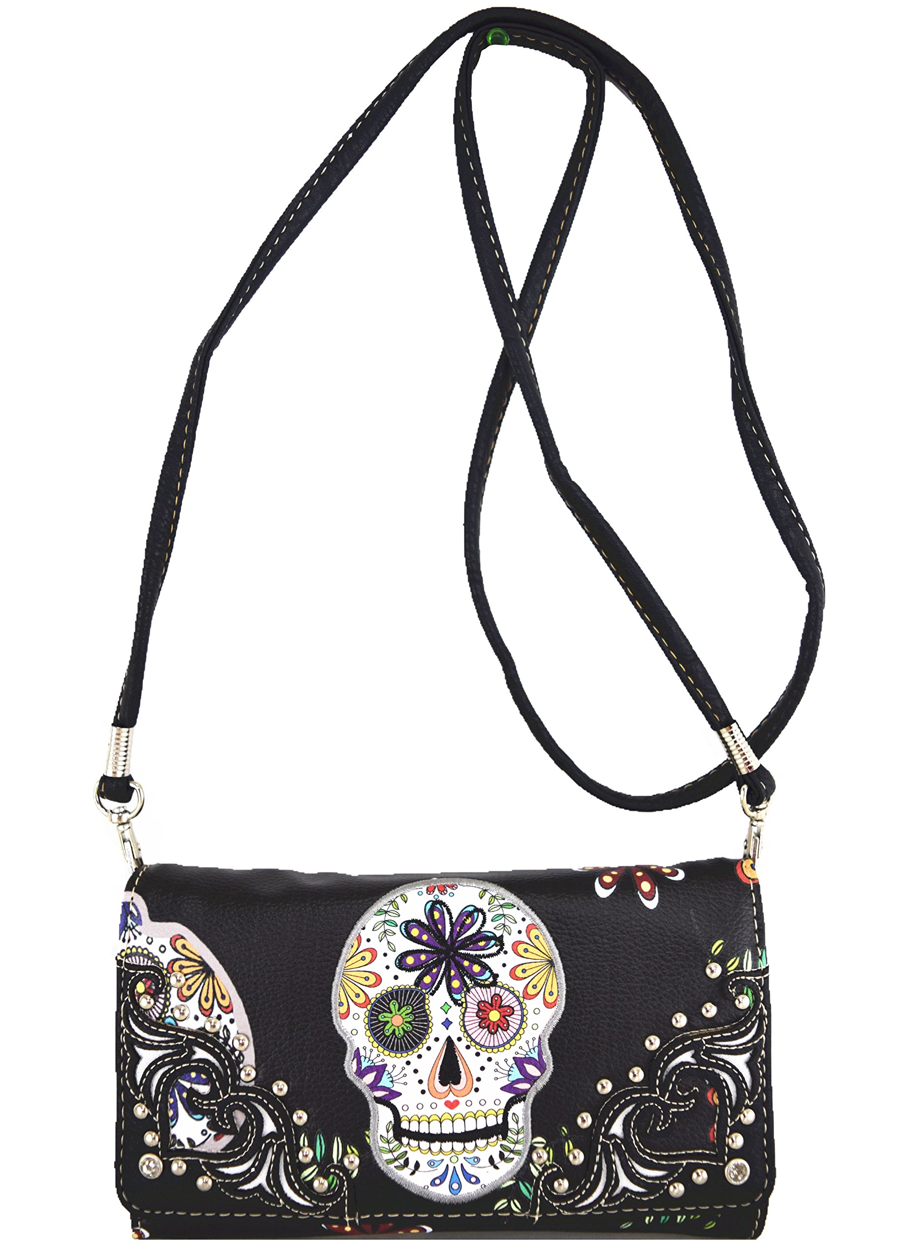 Western Style Sugar Skull Studded Country Purse Single Shoulder Bag Clutch Women Blocking Wristlet Wallet (Fuchsia)