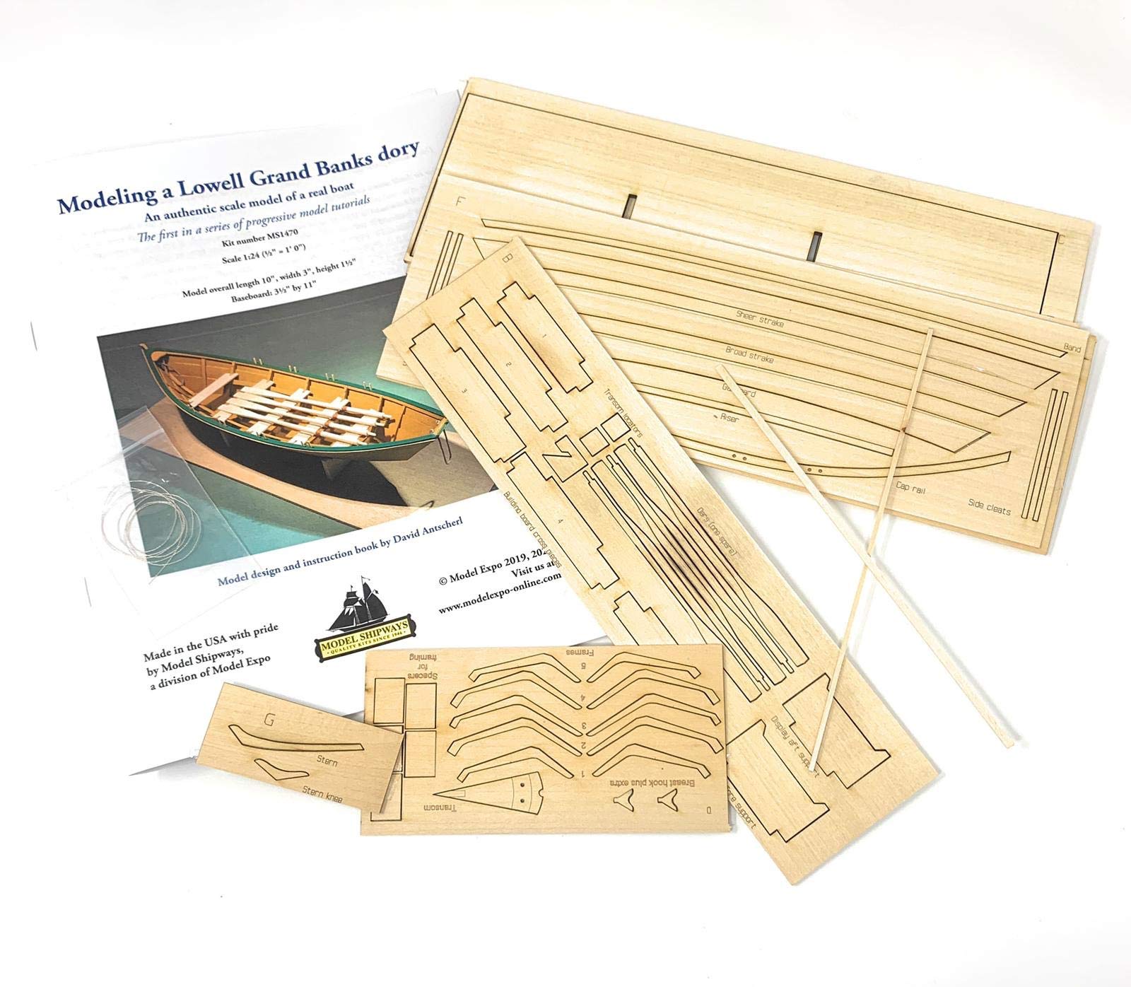 Lowell Grand Banks Dory Wooden Model Ship Kit - 1:24 Scale Plank-on-Frame Construction with Laser Cut Basswood Parts, Detailed Plans & Instructions, Display Base Included - Beginner Level