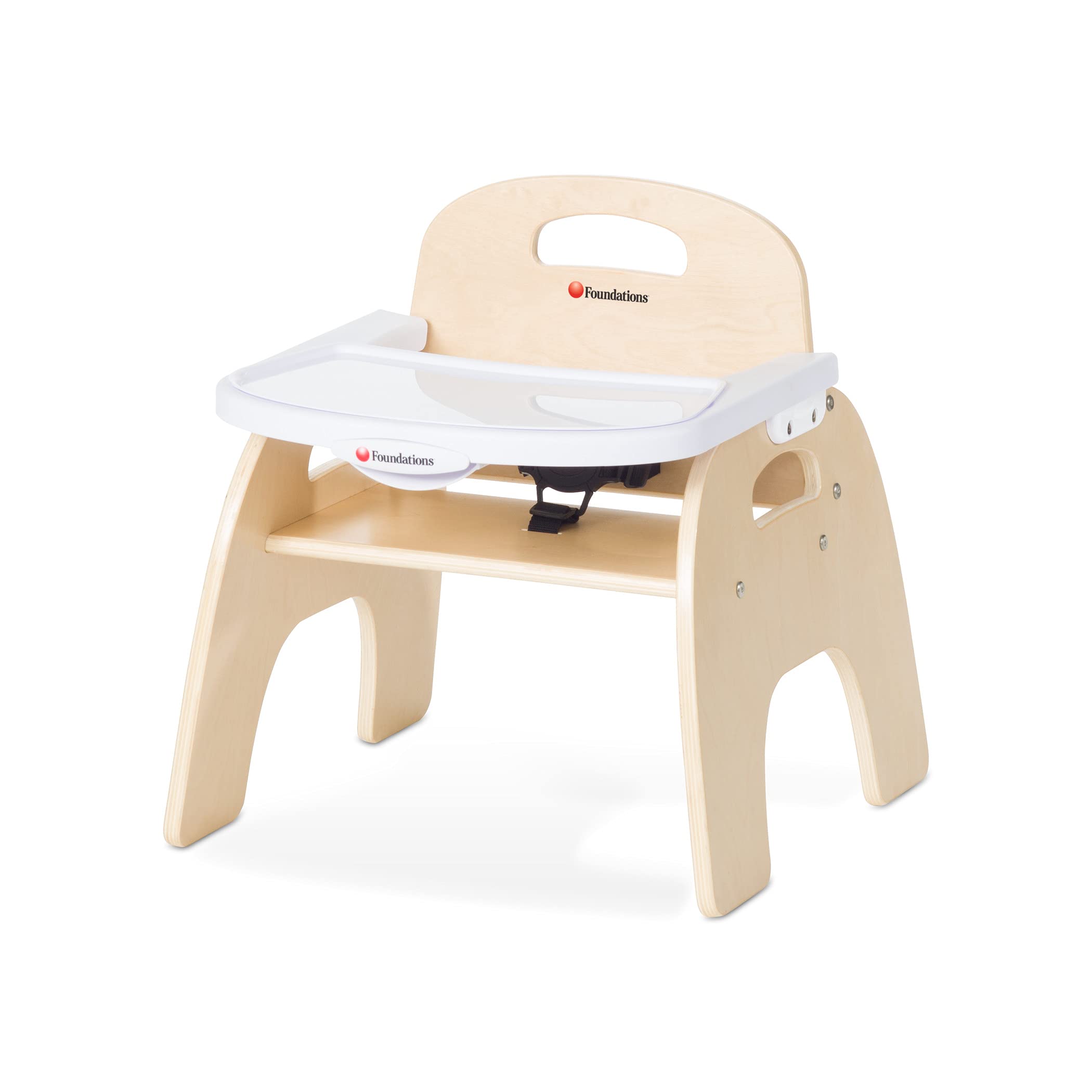 Foundations Easy Serve 9" Low Wood Feeding Chair, 3-Point Adjustable Harness, Removable Dishwasher Safe Tray, âNo Tipâ Base, Made of Baltic Birch Plywood (Natural)