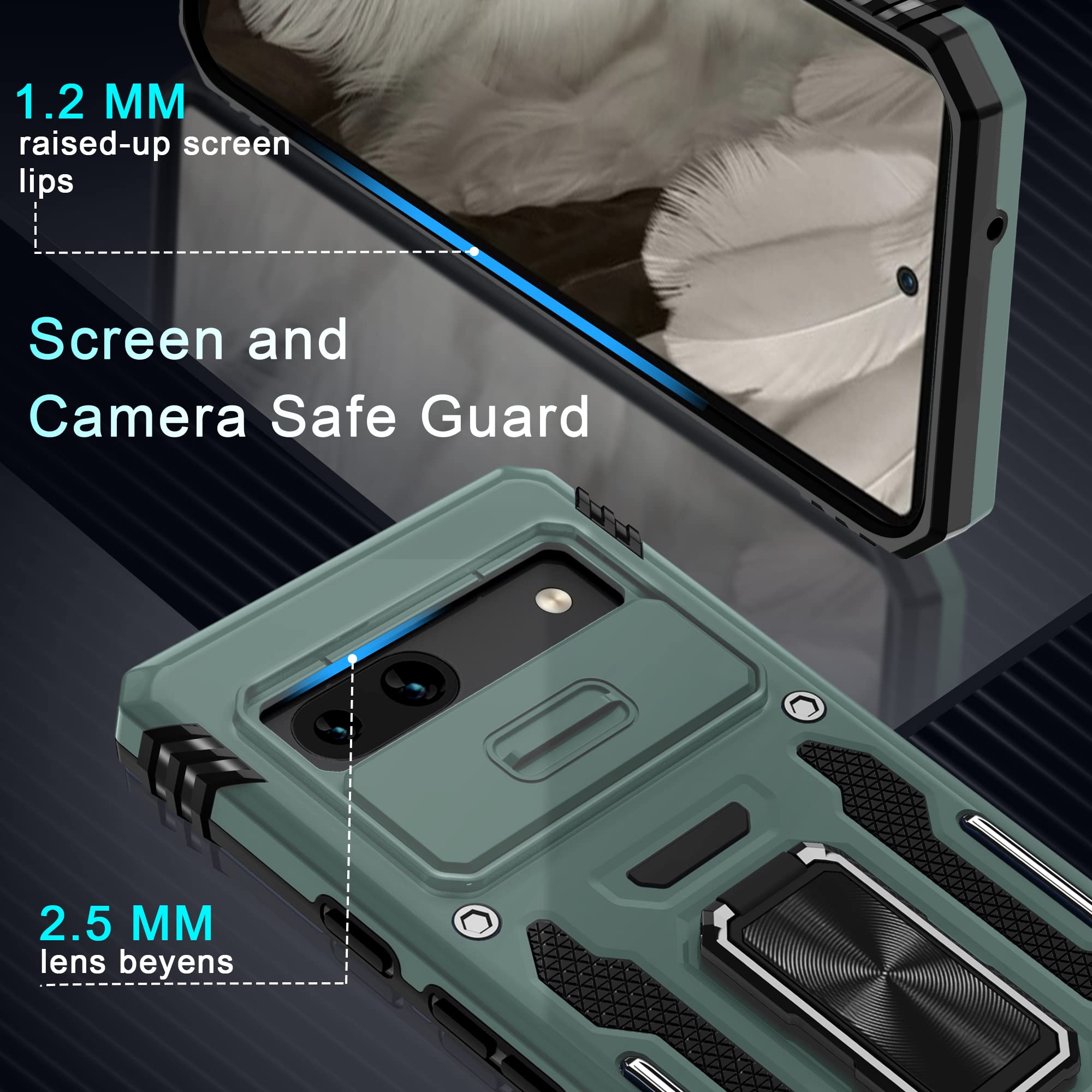 DEERLAMN for Pixel 7a Case,Google Pixel 7a Case with Slide Camera Cover+Screen Protector(2 Packs),Rotated Ring Kickstand Military Grade Shockproof Protective Cover-Green
