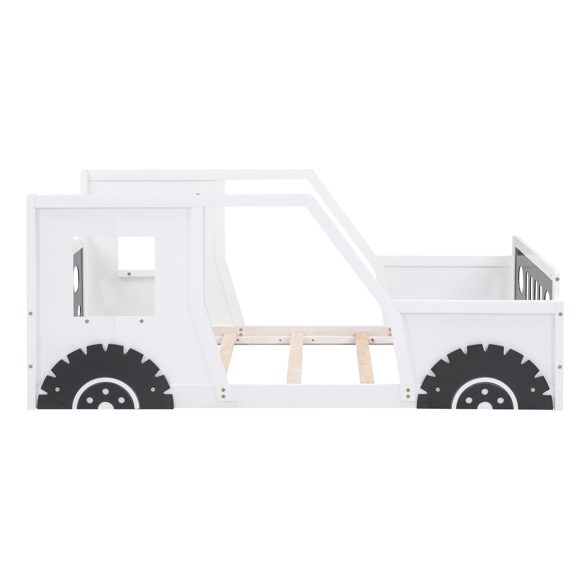 MERITLINE Twin Size Kids Floor Bed with Car-Shaped and Wheels, Wooden Twin Platform Bed Frames with Doors and Windows, Twin Car Bed with Slat Support for Kids Boys Girls, No Box Spring Needed, White