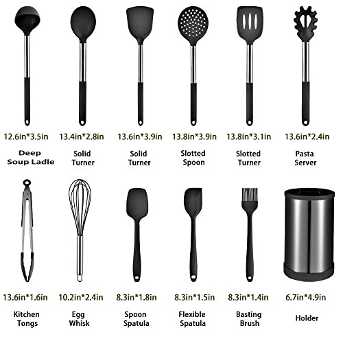 Keidason Kitchen Cooking Utensils Set, 12-piece Non-stick Silicone Kitchen Utensils Set Heat-resistant Stainless Steel Handle,BPA-Free, Kitchen Tool Set (Black)