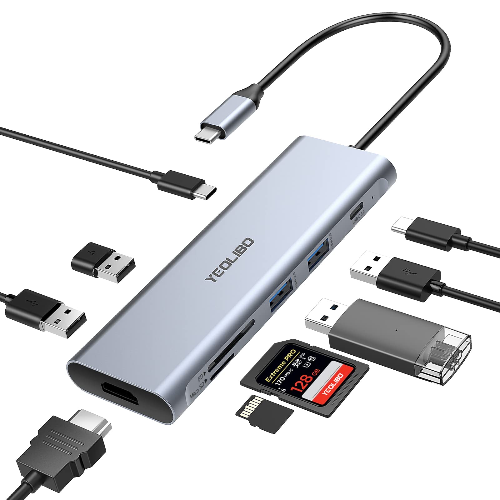 YEOLIBO 9-in-1 USB C Hub Multiport Adapter, with 4K HDMI, 100W Power Delivery, USB-C and 3 USB-A 5Gbps Data Port, Micro SD/SD Card Reader, for MacBook Air, MacBook Pro, XPS, Type-C Device