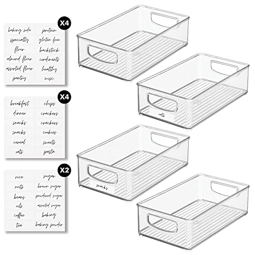 mDesign Plastic Kitchen Bins with Handles and Preprinted Cursive Food Labels Combo Set for Organizing Pantry, Kitchen, Shelves, or Counter, Includes 4 Clear Bins and 120 White Labels with Black Text