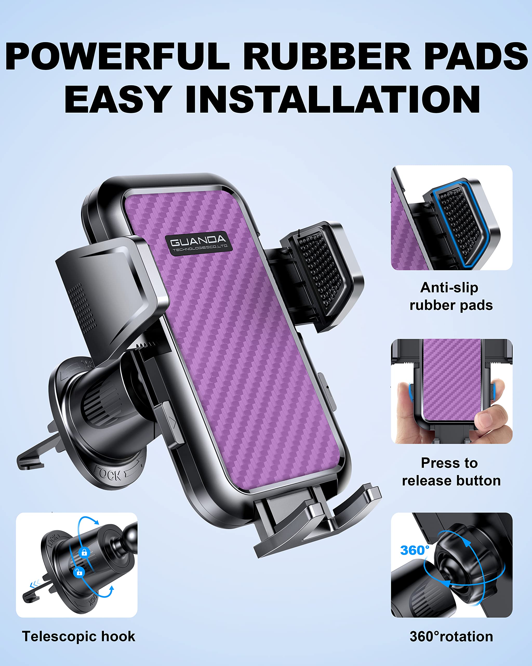 GUANDA TECHNOLOGIES CO., LTD. Car Phone Holder with Strong Suction Cup and Car Phone Mount Vent Clip