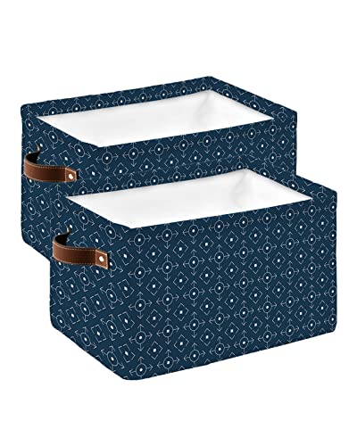 Large Storage Baskets Bins 2 Pack Boho Navy Blue Collapsible Storage Box Laundry Organizer for Closet Shelf Nursery Kids Bedroom Watercolor Bohemia Ethnic Geometric