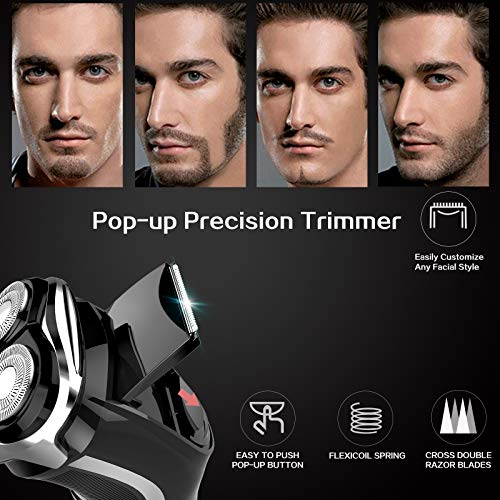 MAX-T Men's Electric Shaver - Corded and Cordless Rechargeable 3D Rotary Shaver Razor for Men with Pop-up Sideburn Trimmer Wet and Dry Painless 100-240V Black