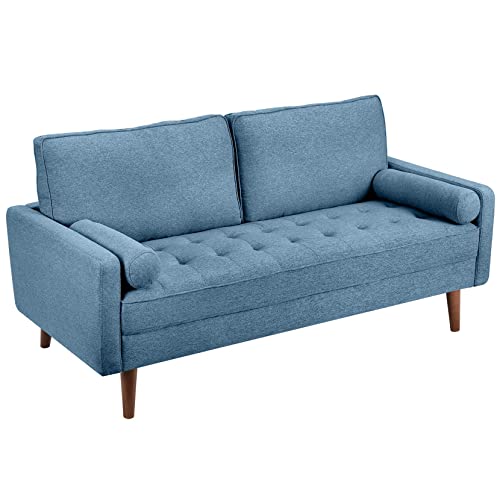 Koorlian 68 inch Dark Blue Couch, Modern Linen Fabric, Button Tufted Seat Cushion, Upholstered Loveseat with Square Armrest, 2 Throw Pillows, Small Sofa for Small Space, Apartment, Dorm, Easy Assembly