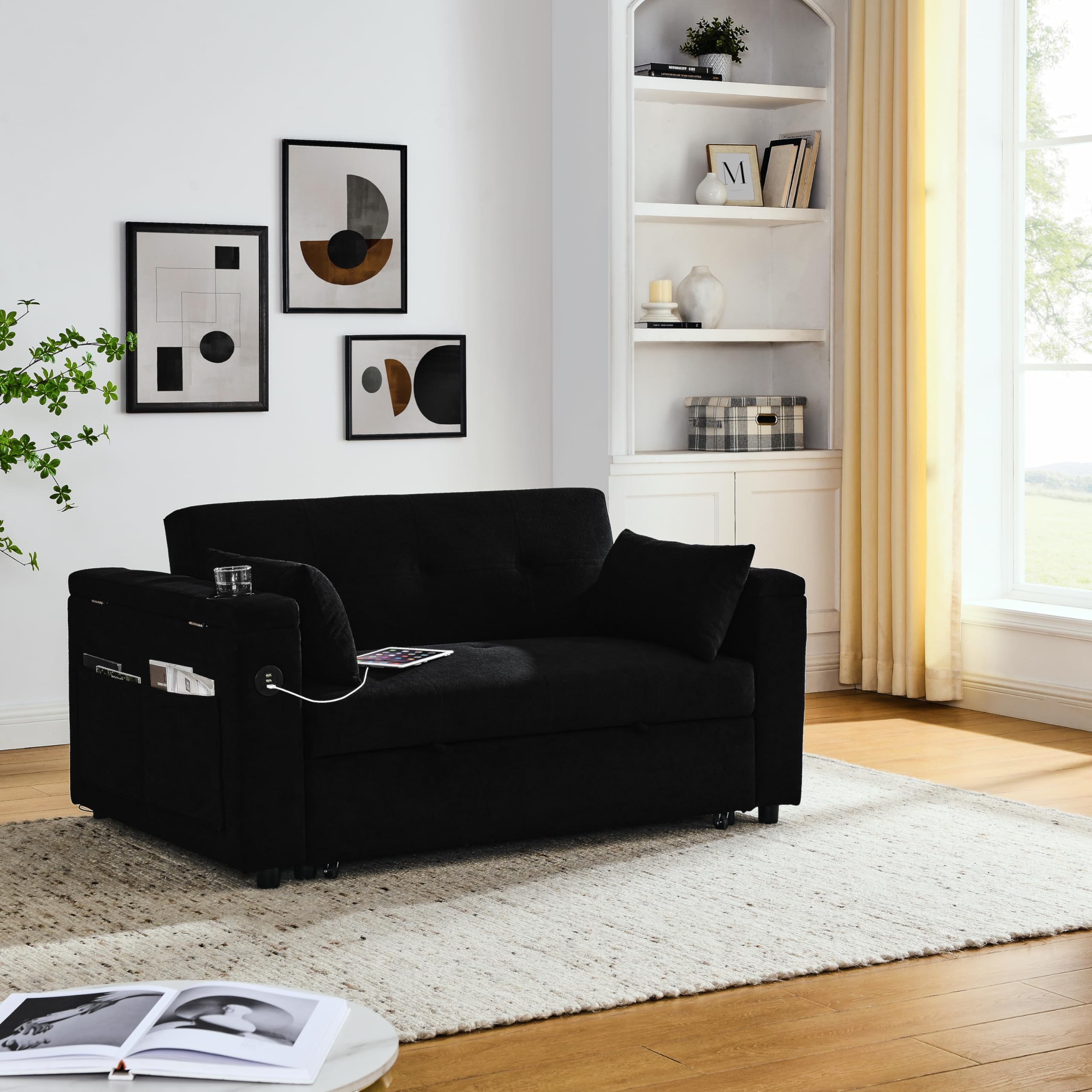 Linique 54'' Convertible Pull-Out Sleeper Sofa Bed with USB Power Outlet, Chenille Upholstered Sleeper Sofabed with Adjustable Backrest/Side Pockets/Cup Holders/Lumbar Pillows (Black)