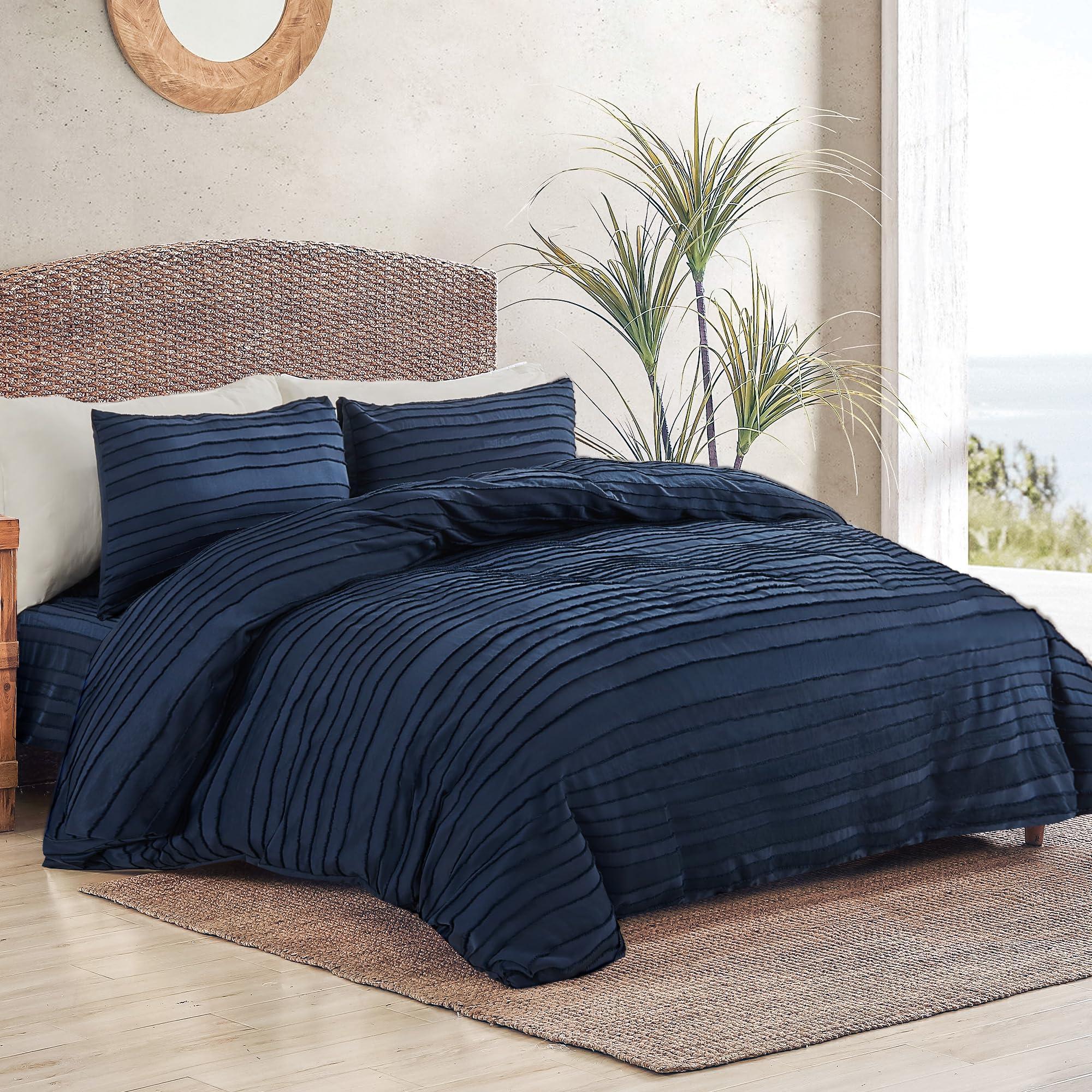NEXHOME PRO Duvet Cover King Size, Navy 3 Pieces Boho Tufted Duvet Cover Set, Soft and Lightweight Microfiber Comforter Cover Set for All Season (Navy King, 104 x 90)-No Comforter