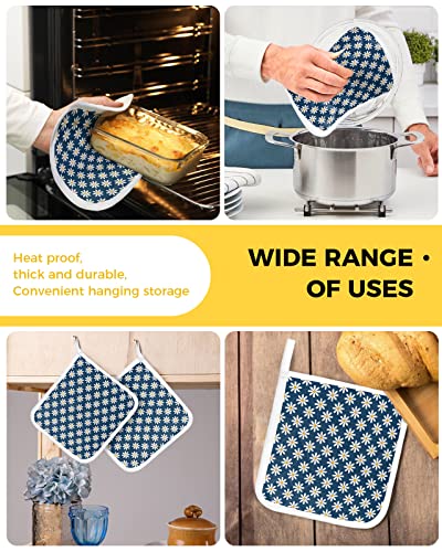 Floral Potholders Set Kitchen Heat Resistant Cotton Coasters Hot Pads Pot Holders Set of 5 for Everyday Cooking and Baking 8 x 8 Inch - Graphic Daisy Blossoms on Blue Background