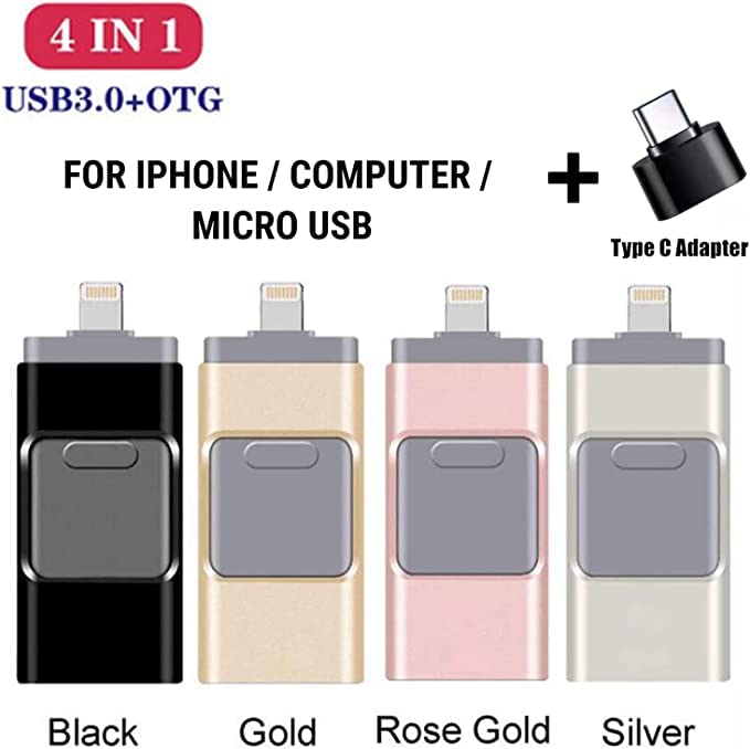 Guanshan Ash 4 in 1 High Speed USB Multi Drive Flash Drive,USB Flash Drive Compatible for iPhone and Computer, Flash Drive for iPhone & Photo Stick for Android Phones (64GB,Gold)