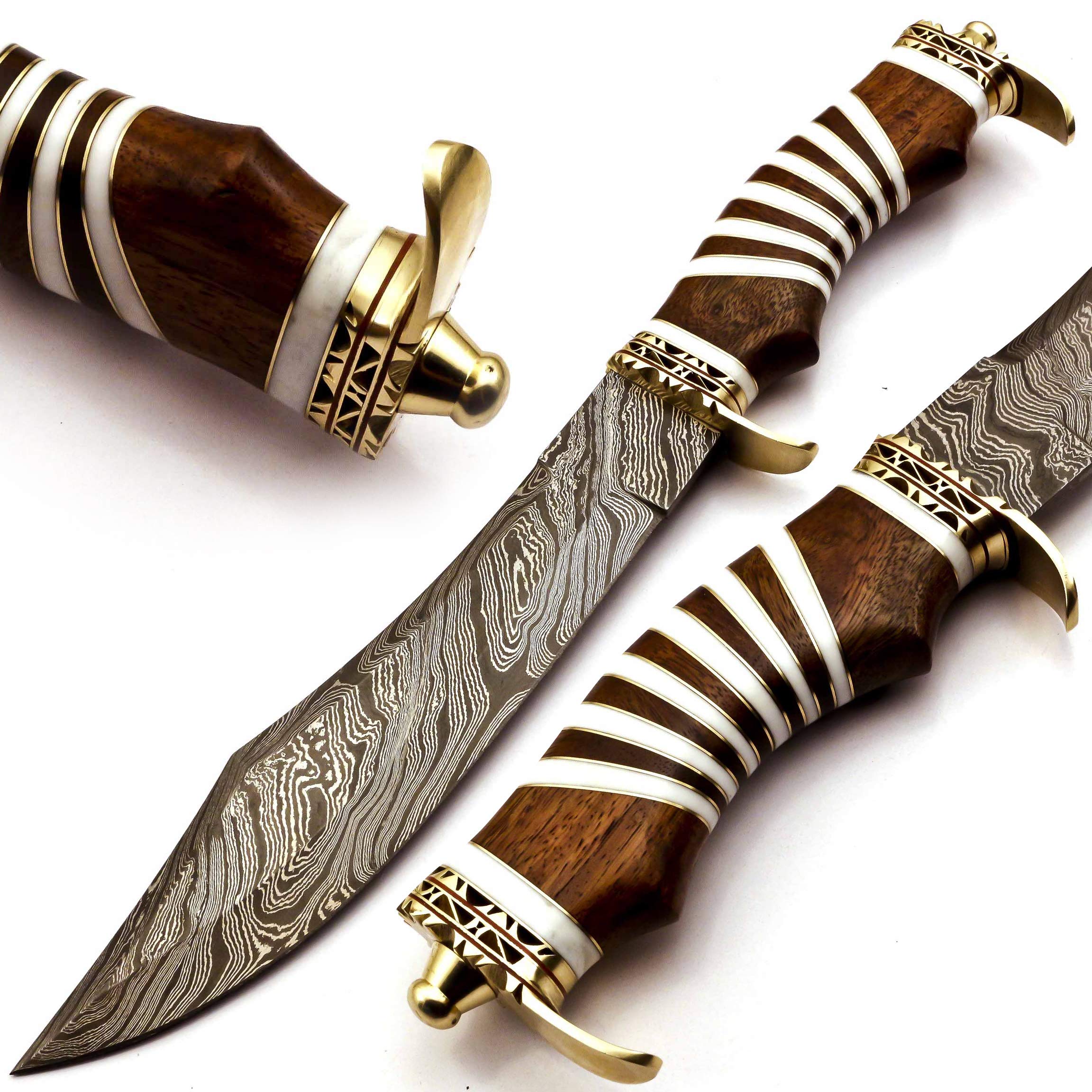 Skokie Knives Custom Hand Made Damascus Steel Hunting Knife Handle Camel Bone (Brown)