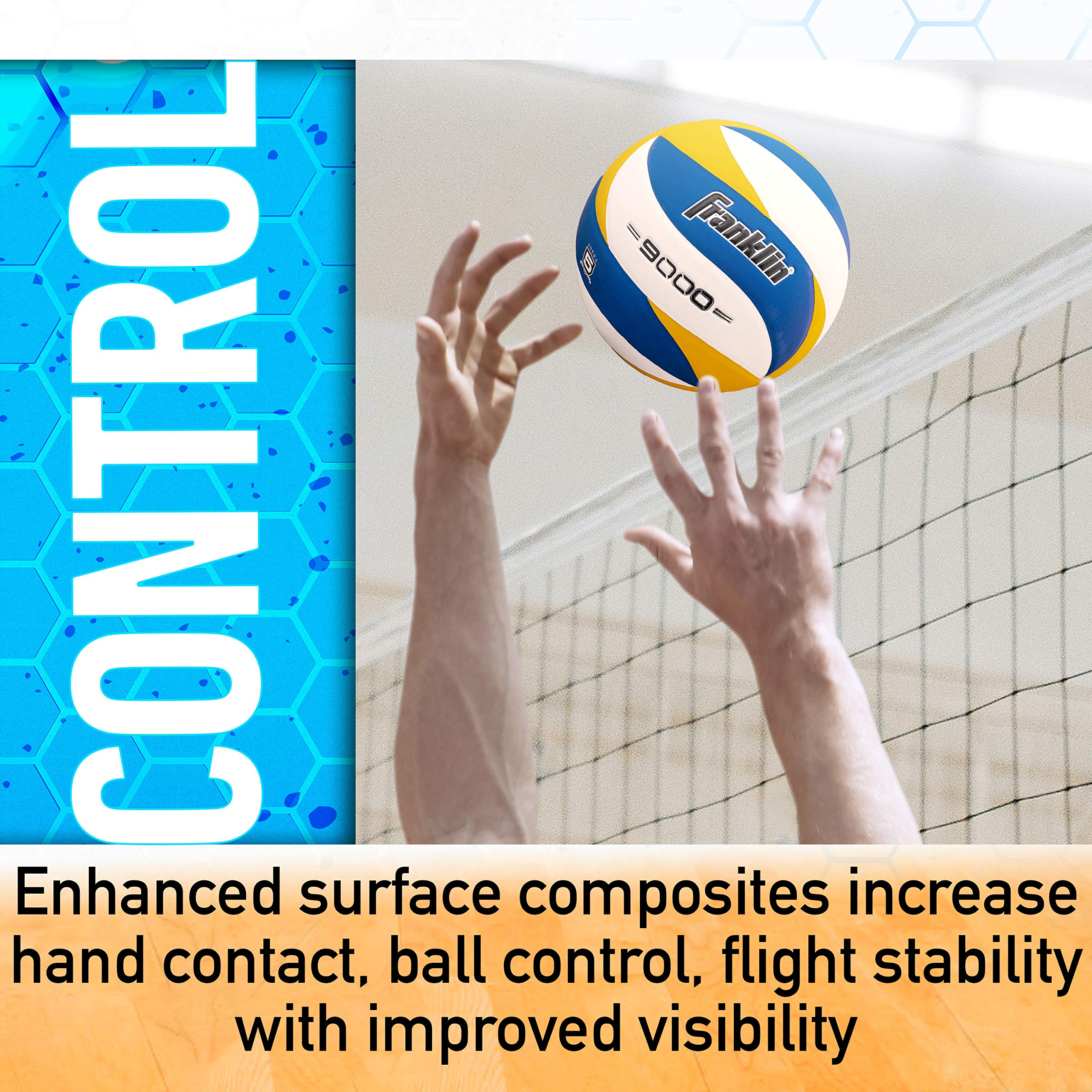 Franklin Sports 9000 Indoor Volleyball - Official Size and Weight Volleyball - Advanced Performance - Premium Soft Cover and Bounce - Air Pump Included White