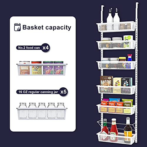 Over the Door Organizer, Adjustable Over Pantry Door Storage with 6 Deep Basket Hanging Over Door Spice Rack Closet Cabinet Door Shelf Organizer for Kitchen Bathroom, Wall Mountable, Modularized Use