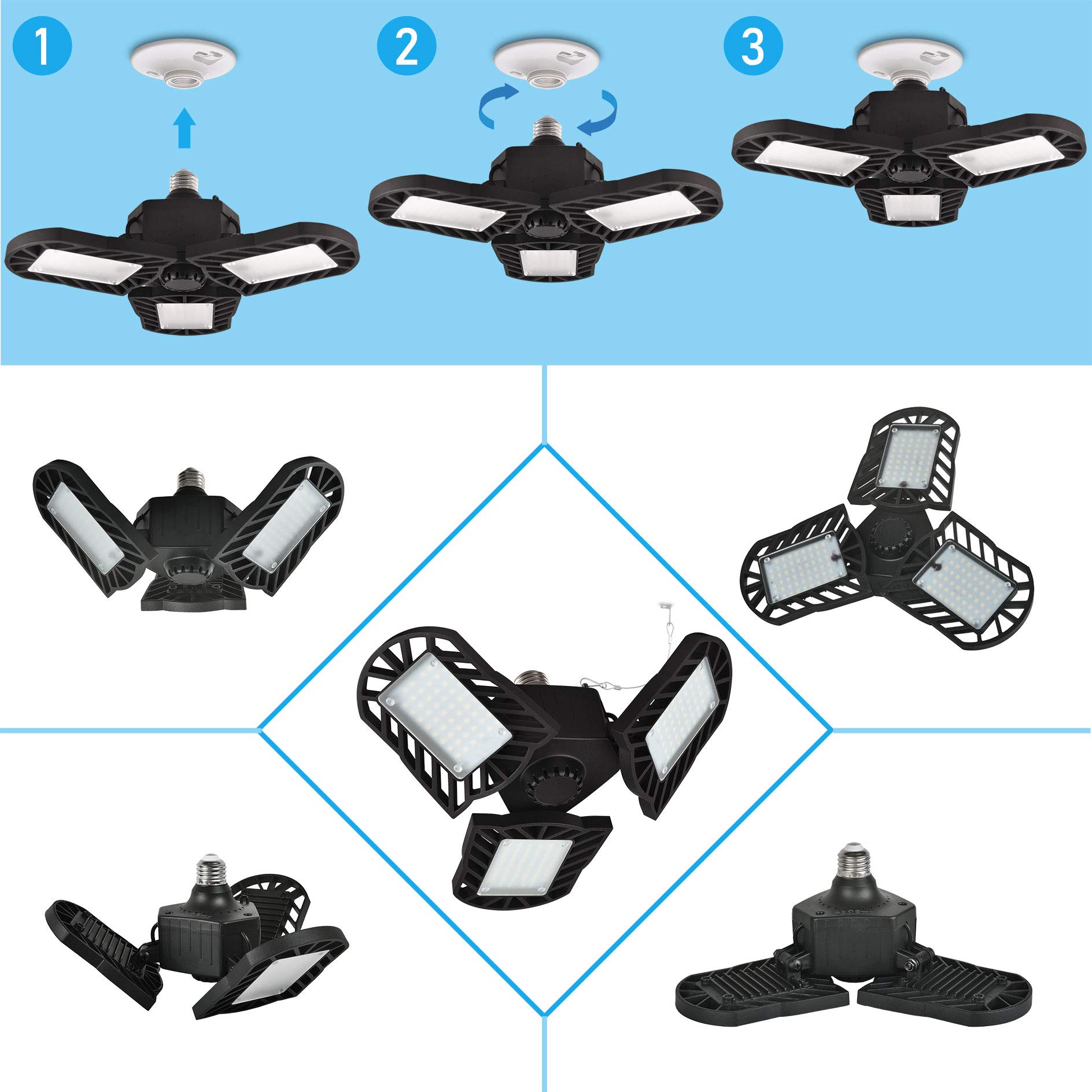 Deformable LED Garage Light,Winshine E26 Base 6000LM 60W Triple Light Garage Ceiling Lamp,6000K Daylight LED Shop Light,3 Adjustable Panels Bay Lighting for Garage,Warehouse,Barn (NO Motion Activated)