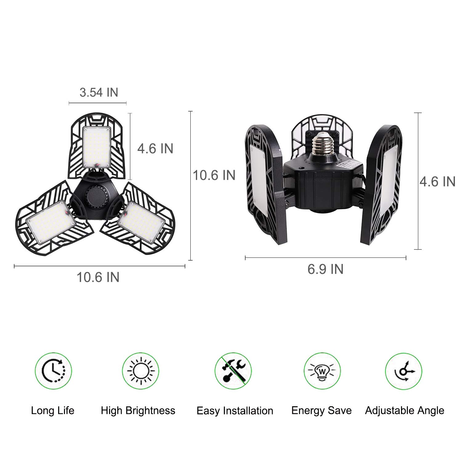 Deformable LED Garage Lights, E26 Base 60W LED Ceiling Lights, 6000LM 6000K Super Bright Shop Light with 3 Adjustable Angle Panels for Workshop, Warehouse, Basement Cellar, Full Area Basement etc