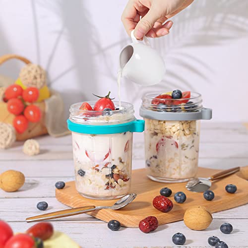 Overnight Oats Jars with Lid and Spoon Set of 2,10 oz Multiple Use Large Capacity Airtight Seal Oatmeal Container with Measurement Marks, Mason Jars with Lid, Grey and Turquoise