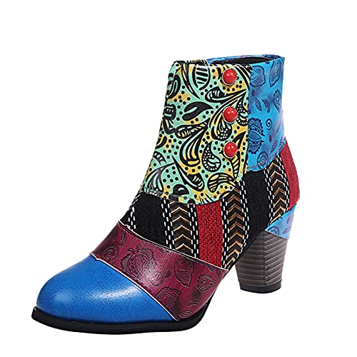 FASDNENDYS Fashion Women's Shoes Breathable Chunky High Heels Retro Zipper Short Boots Southwestern Boots Blue