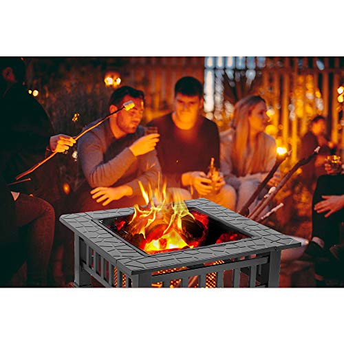 HEMBOR 32" Outdoor Fire Pit Table with Grill, Wood Burning Fireplace Bowl, Multi-Function Square Stove, w/Spark Screen, Poker, Rainproof Cover for Picnic, Camp, Bonfire, BBQ, Patio, Backyard, Party