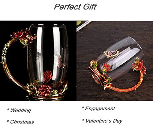 Flower Tea Cups, Unique Coffee Mugs, Butterfly Glass Mug with Spoon Set, Handmade Rose Butterflies Gifts - Best Valentine's Day Mother's Day Gift (13oz, Red)