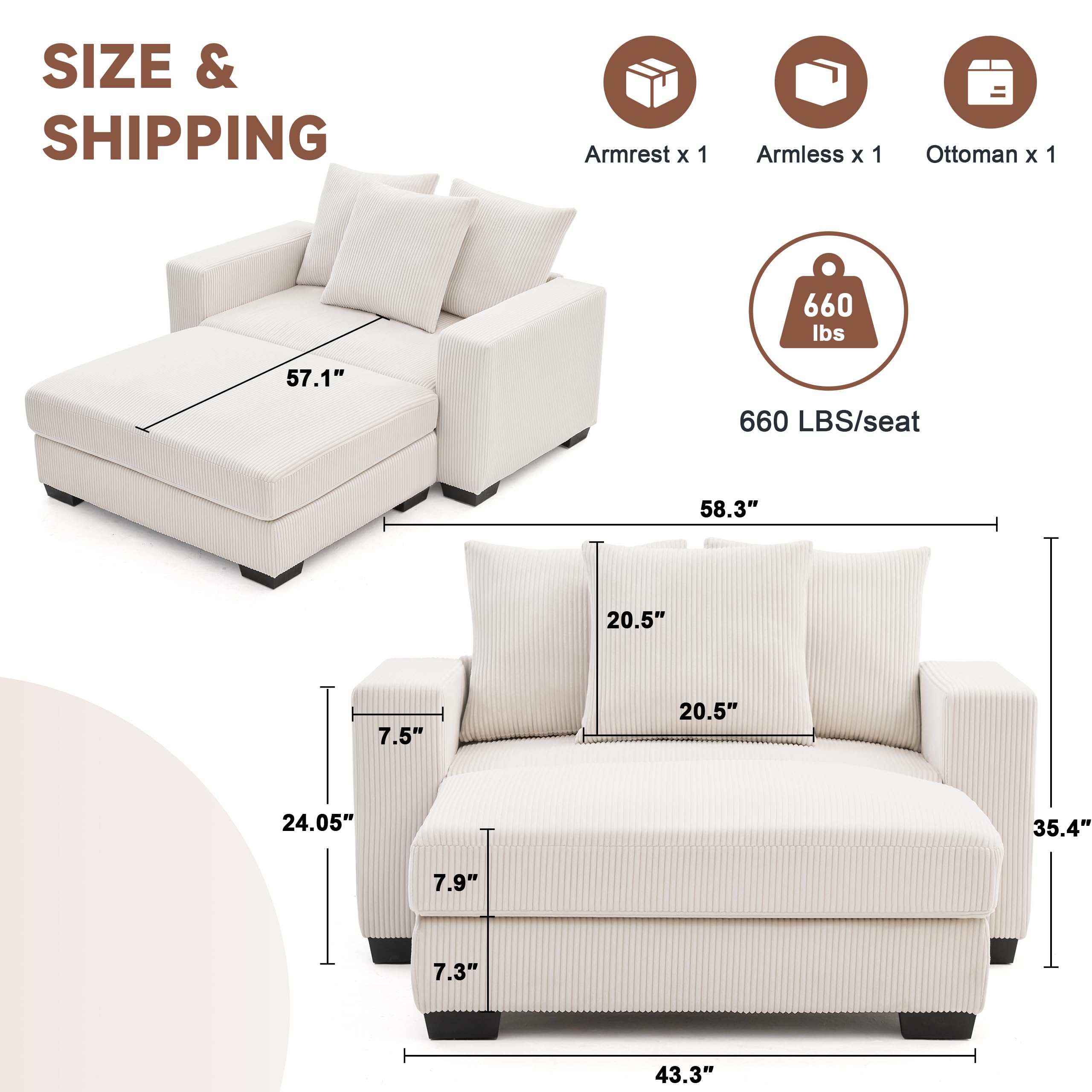 Howjoe 58.3" Comfy Deep Seat Oversized Chaise Lounge Indoor for Living Room, Solid Wood Sleeper Reclining Chair with Thickened Cushions Widened Armrests for Bedroom, Lounge Chair with Ottoman, Beige