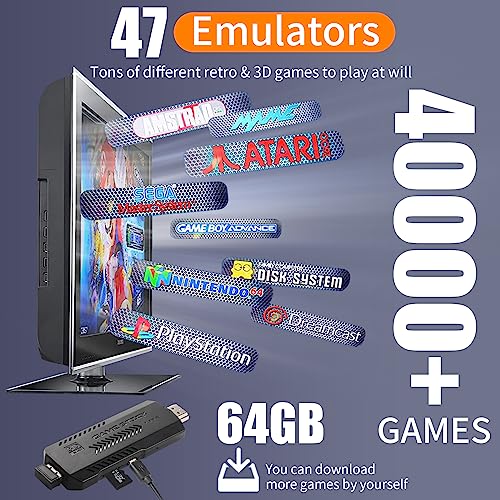 Wireless Retro Game Console, HeavenBird 64G HD Classic & 3D Games Stick Built in 47 Emulators with 40000+ Games & Dual 2.4G Wireless Controllers, 4K HDMI Video Games for TV, Gift for Adults & Kids