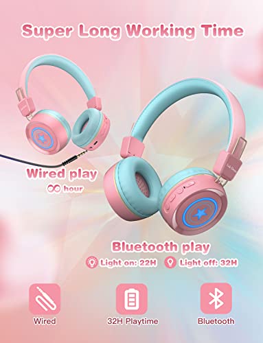 Link Dream Kids Bluetooth Headphones with Microphone for School On-Ear Headphone Toddler Children Wireless Headphone Headset with LED Lights Compatible with Cellphone/Computer/Tablet/iPad (Pink)