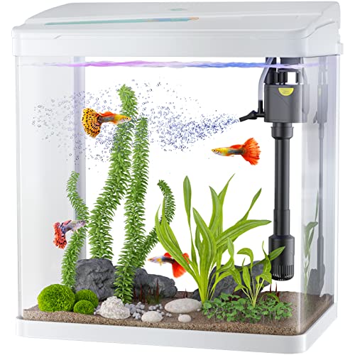 PONDON 8 Gallon Fish Tank, Glass Aquarium Starter Kit, Includes Filter and LED Lighting (White, 8Gallon)