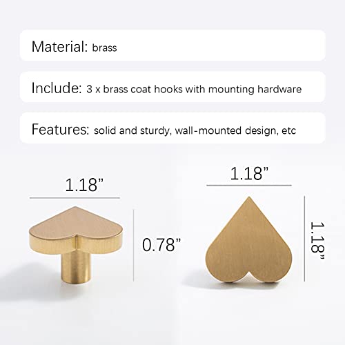 WAYUTO Set of 3 Wall Mounted Brass Coat Hooks with Mounting Hardware Heart Shaped Coat Hooks Single Coat Rack Hooks Clothing Wall Hooks for Home Office Hotel Wall Decoration