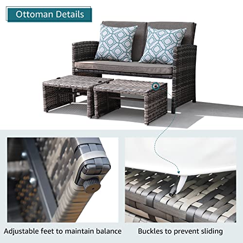 OC Orange-Casual Outdoor Loveseat Patio Furniture Rattan Conversation Set with Ottoman, White Cushions, Grey Wicker, Pillows Included